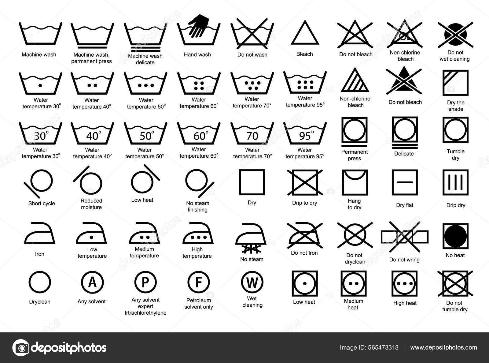 Ícones da lavandaria. Instruções de cuidados de vestuário nos rótulos ...