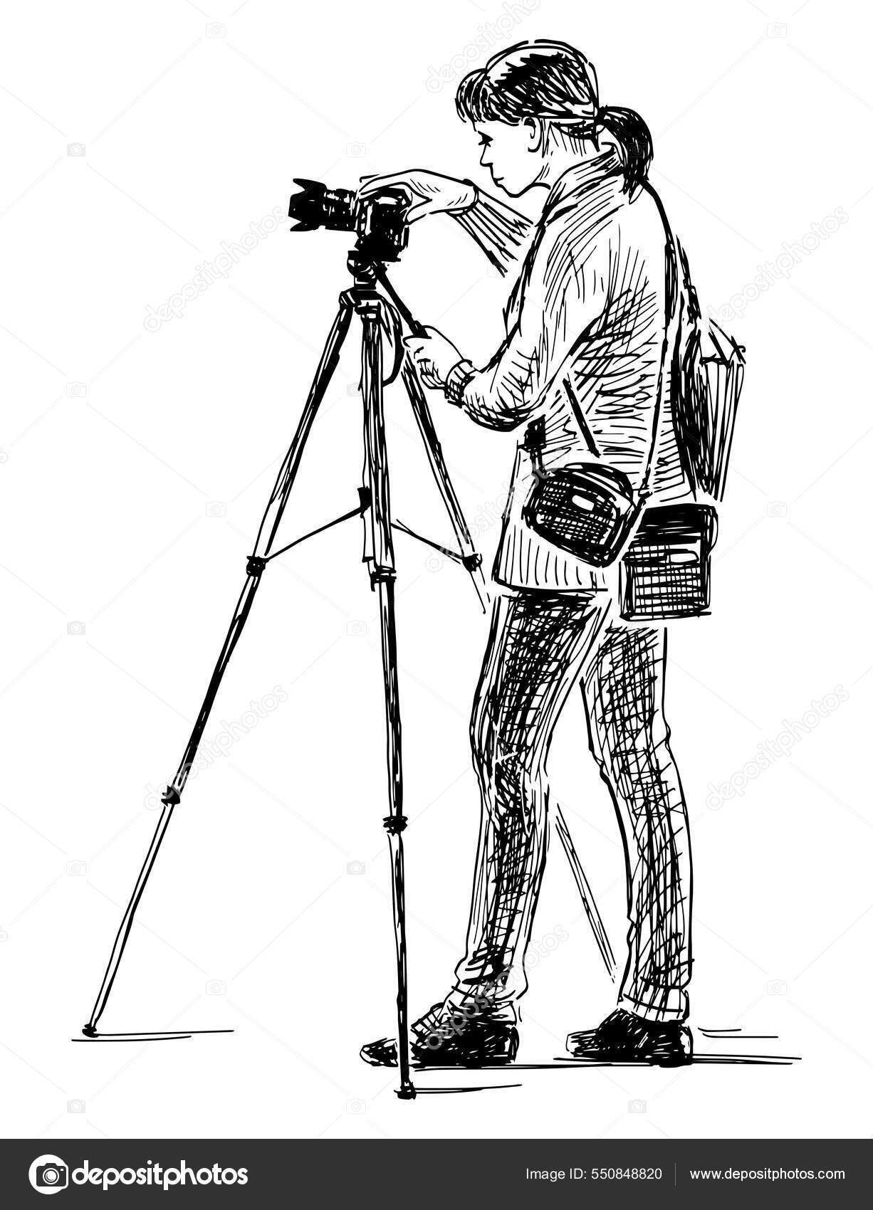 Sketch Young Woman Photographer Camera Tripod Taking Picture Outdoors ... Sketch Young Woman Photographer Camera Tripod Taking Picture Outdoors ...