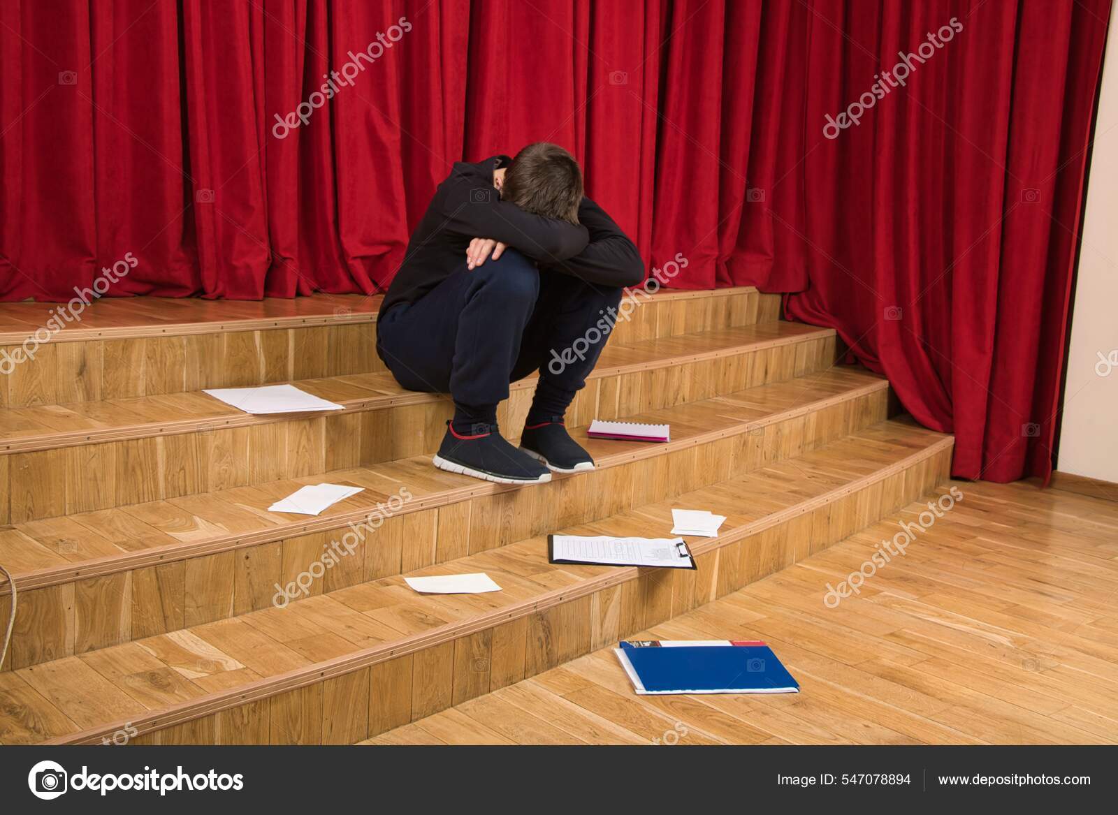 Backstage Frustrated Devastated Theater Student Sits Stage Rehearsal ...