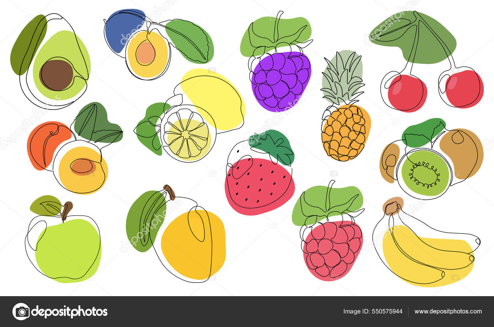 Continuous Uma Linha Que Desenha Frutos Ilustração Vetorial Arte Linha ...
