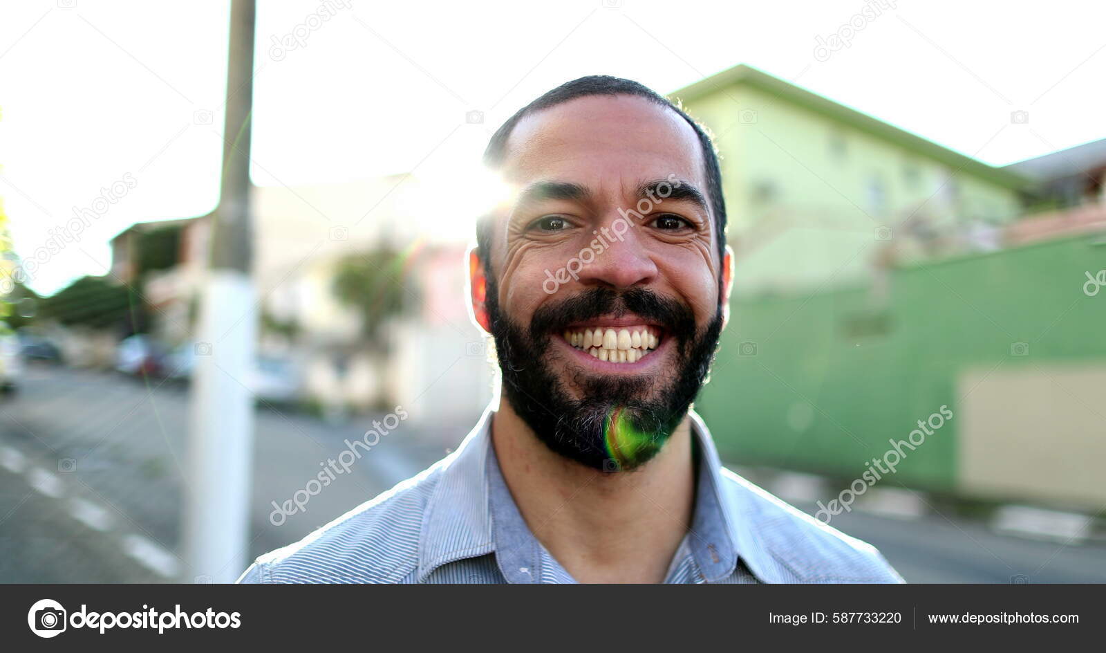 Casual Happy Hispanic Man 40S Smiling Camera Urban Street — Stock Photo ...