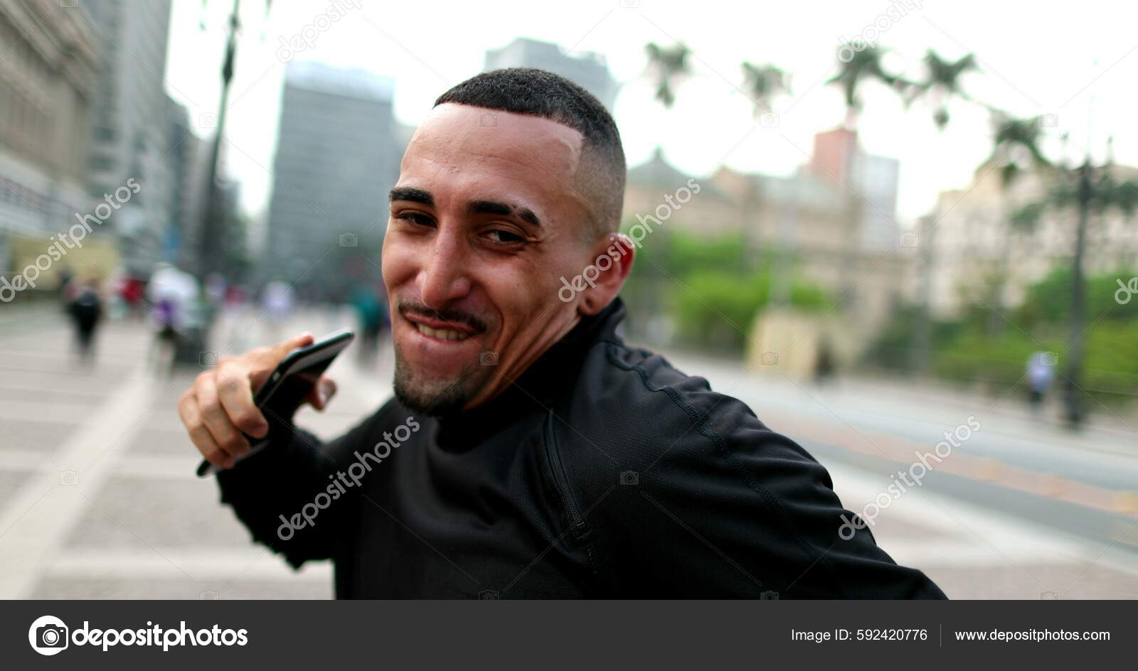 Happy Hispanic Man Dancing Street Excited Latin Guy Dances Joy — Stock ...