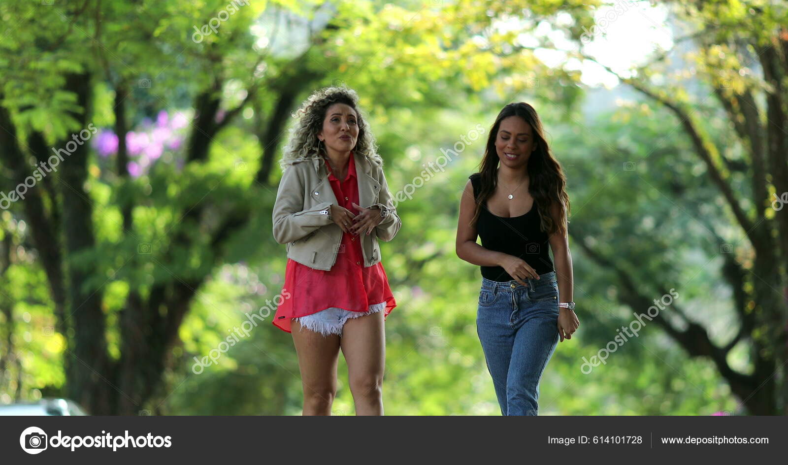 Two Best Friends Talking While Walking Street Real Life Laugh — Stock ...