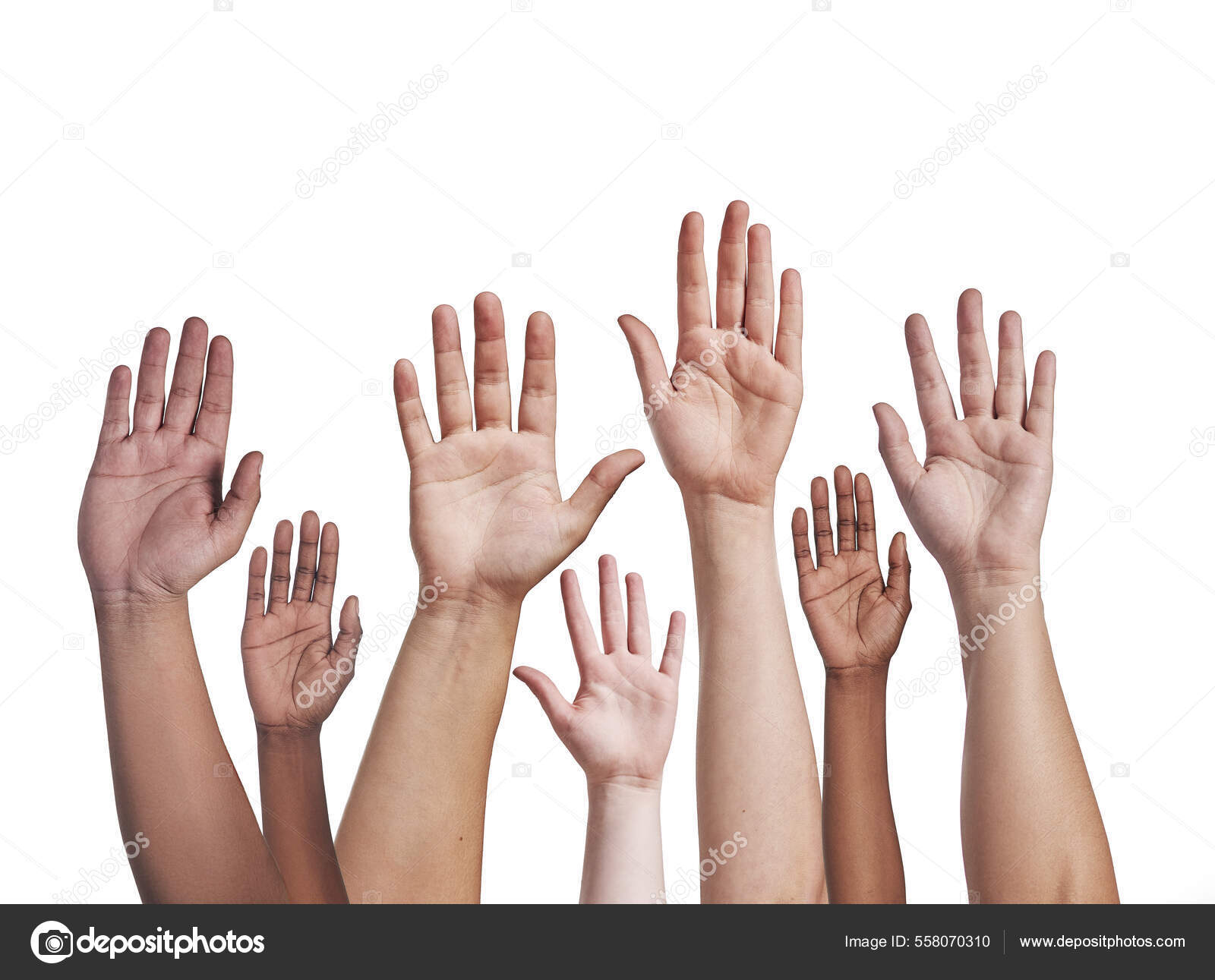 Lift your hands as one. Shot of a group of hands reaching up against a ...