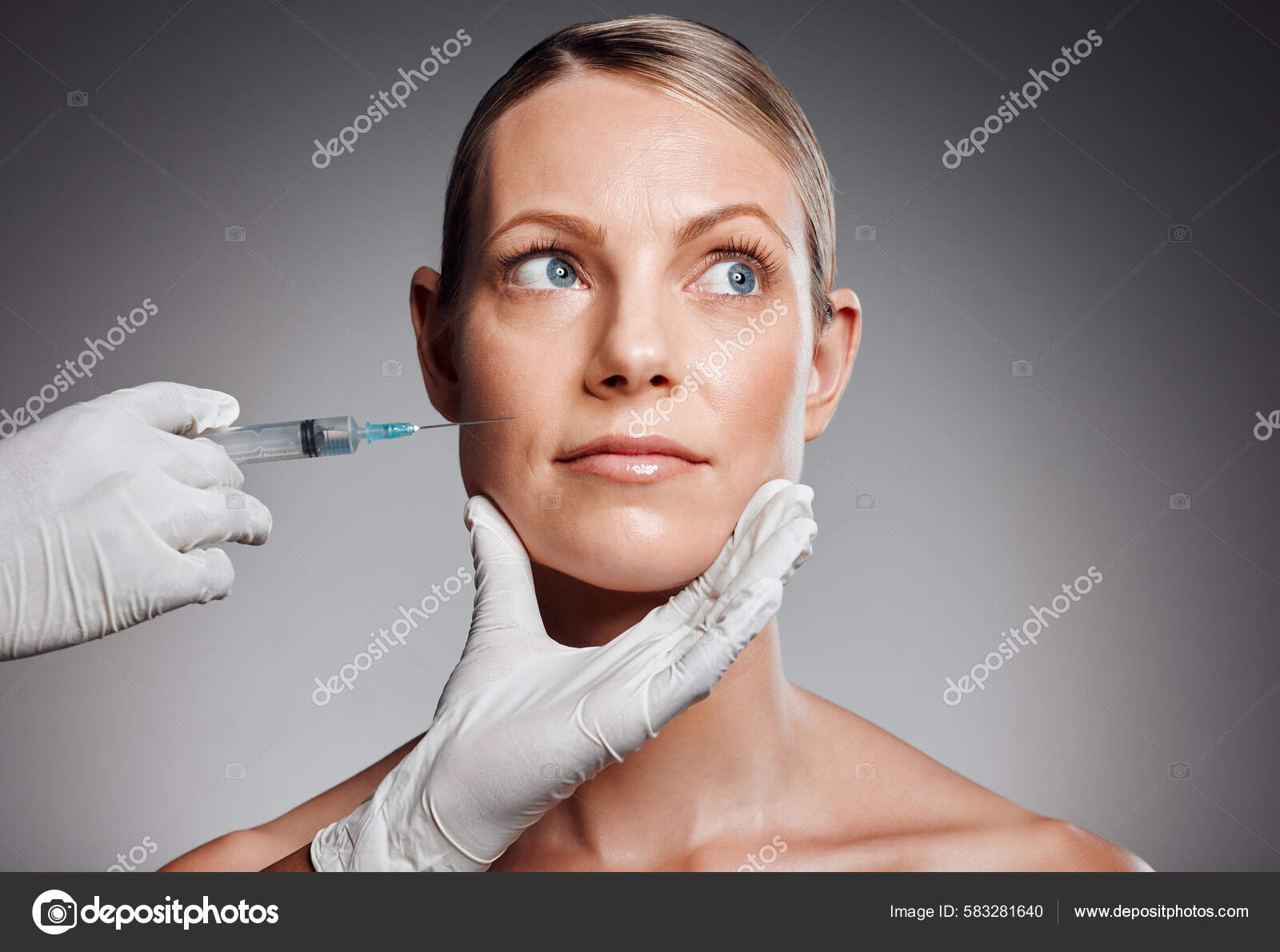 Beautiful Mature Woman Getting Botox Injection Studio Grey Background ...