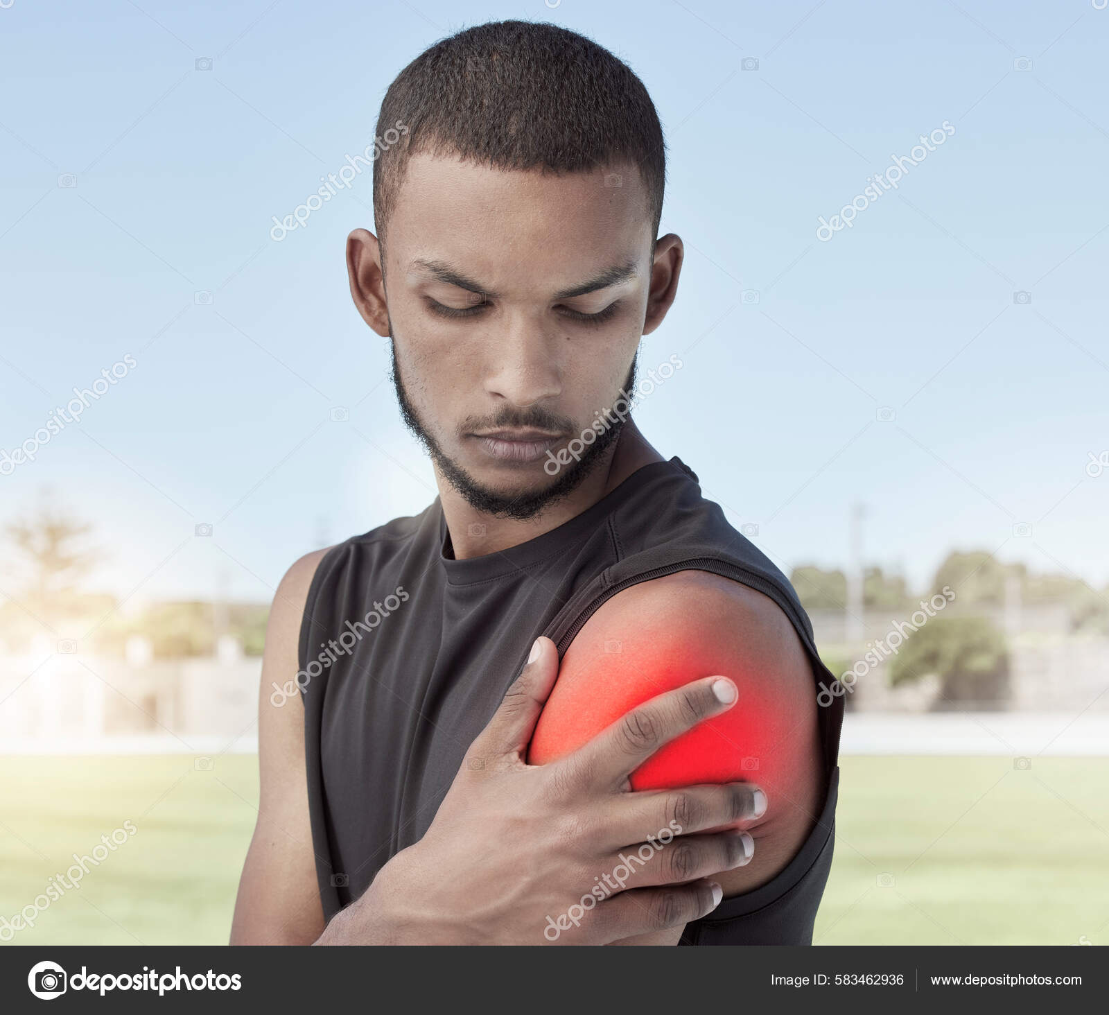 Closeup Athlete Shoulder Pain Workout Side Profile Young Sportsman ...