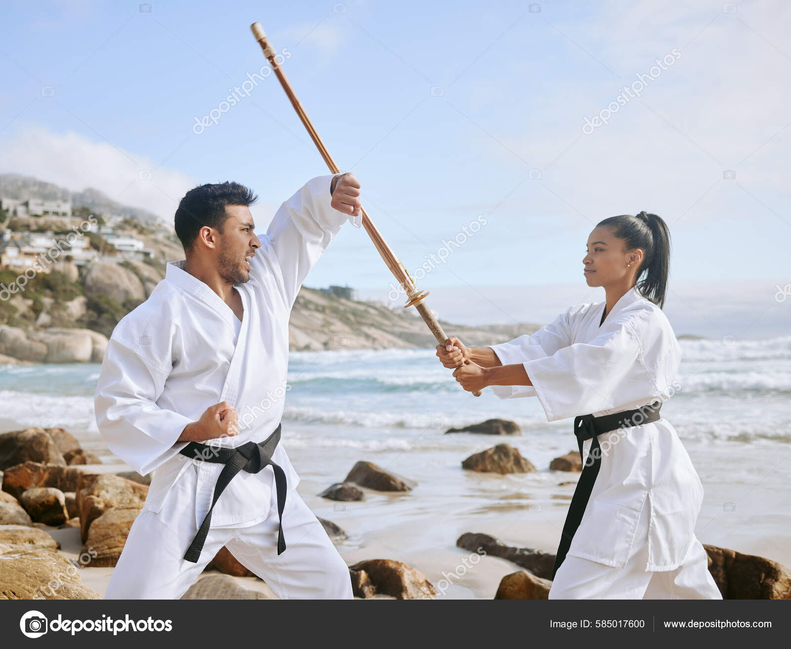 Shot Two Young Martial Artists Practicing Karate Wooden Katana Beach ...