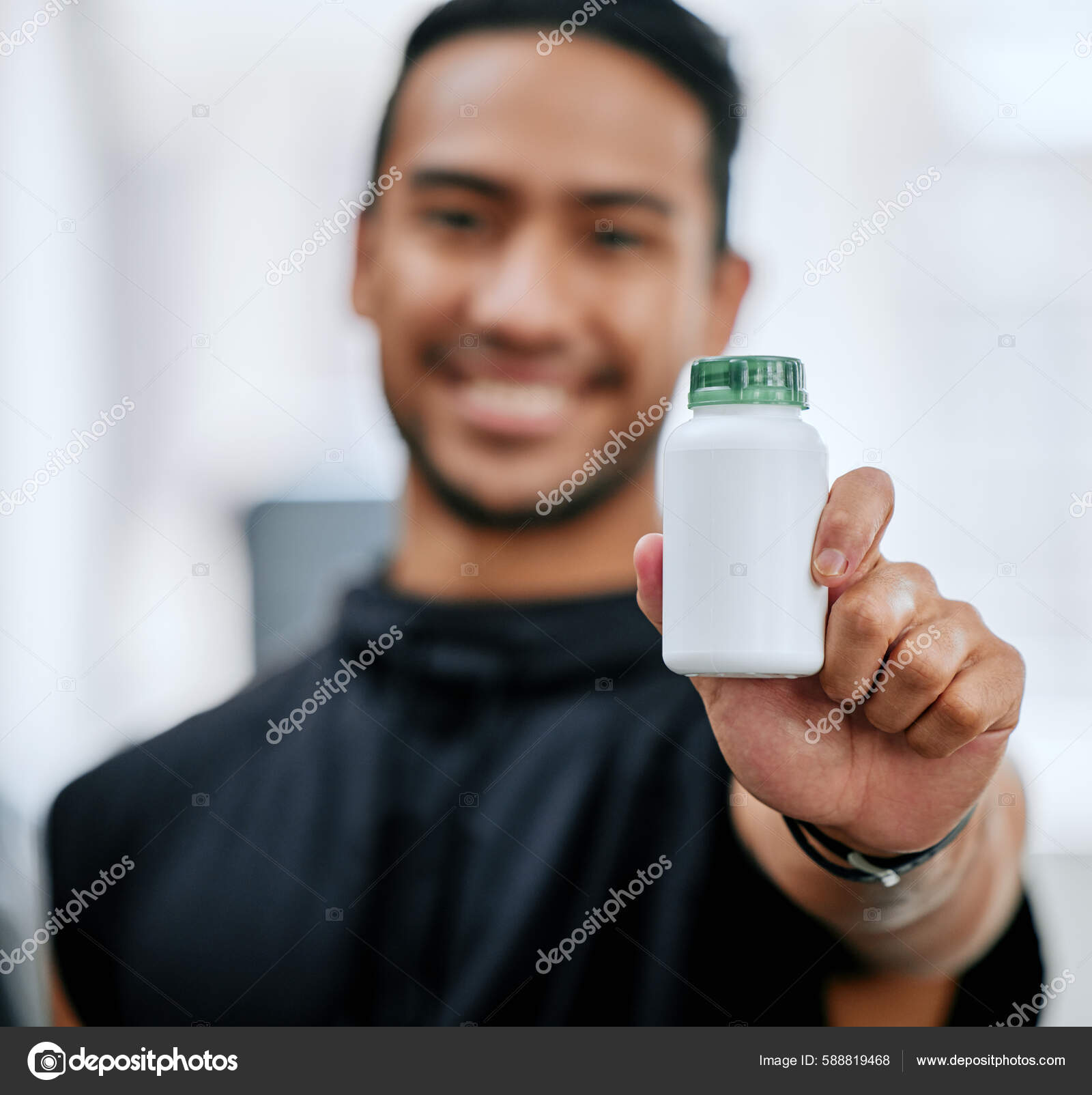 Blur Smiling Trainer Alone Gym While Holding Showing Bottle Steroid ...