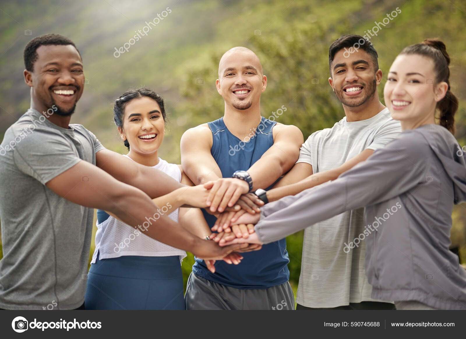 Its Exciting Journey Were Portrait Group Sporty Young People Joining ...