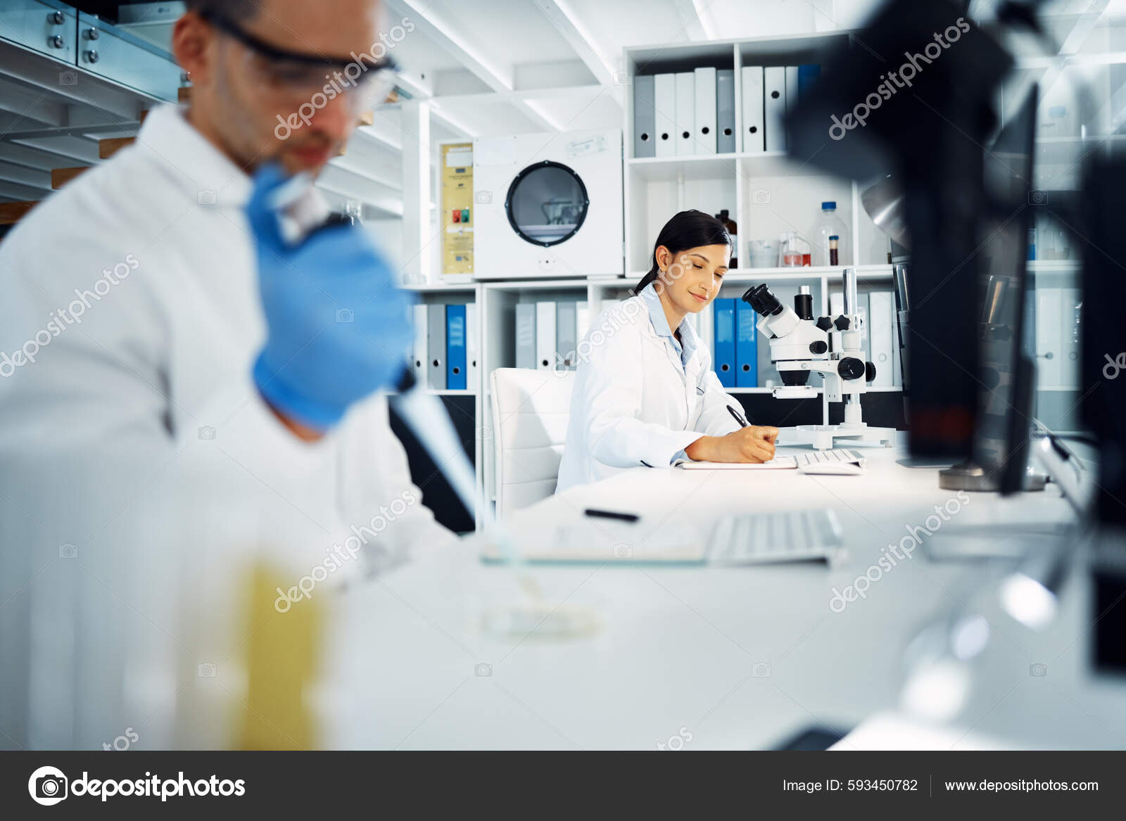 Lab Pharmacy Young Scientist Writing Notes While Conducting Medical ...