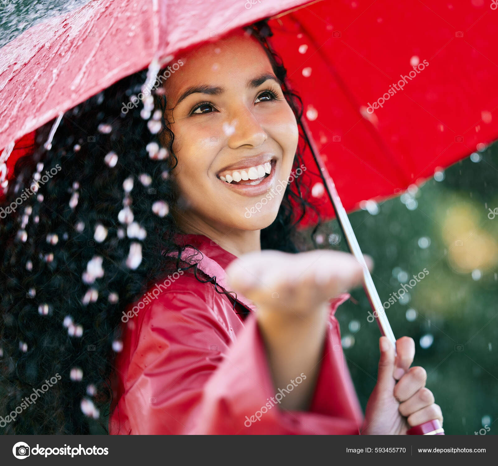 Surrounded Showers Blessings Beautiful Young Woman Standing Rain ...