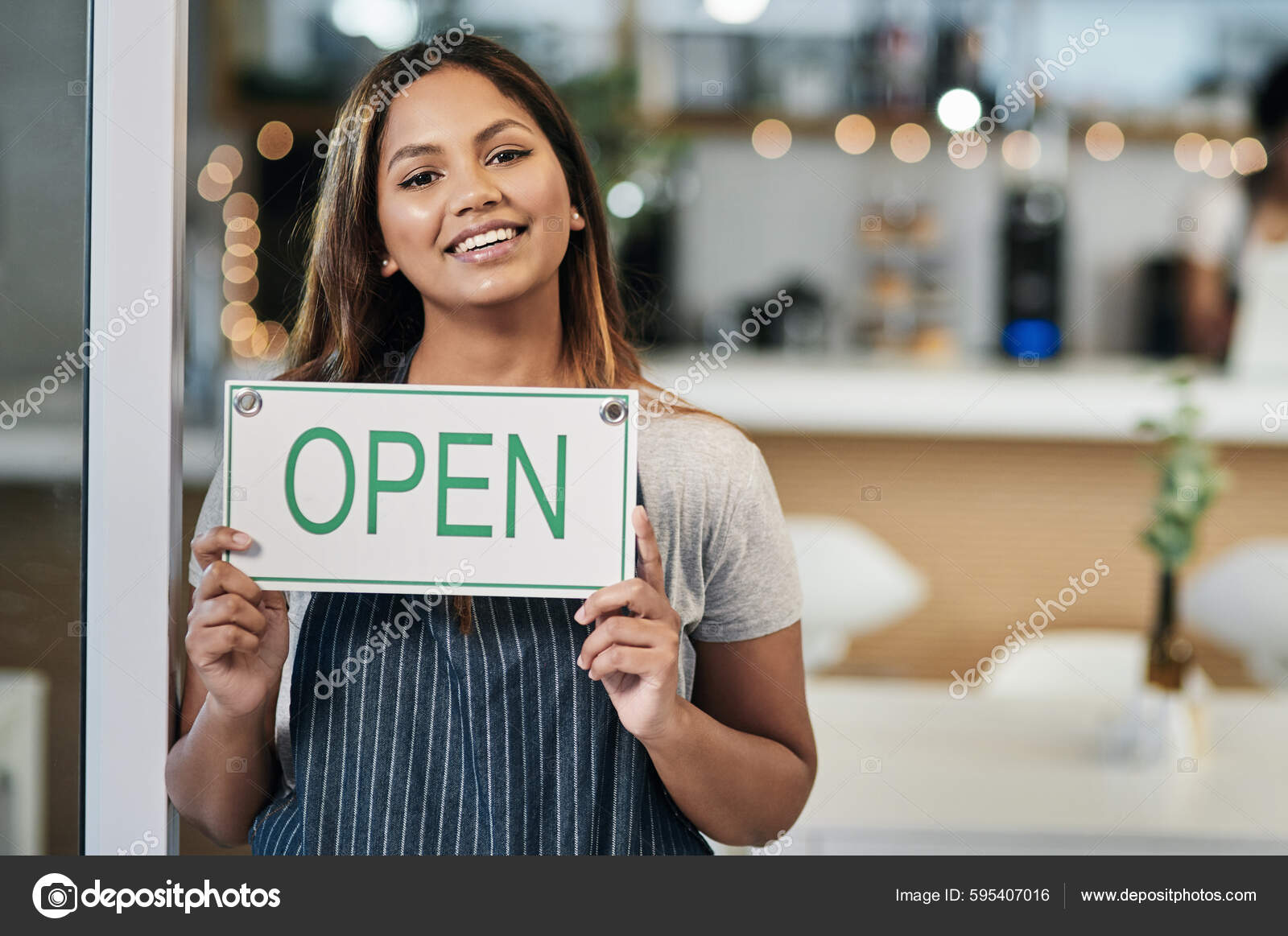 Always Dream Open Little Cafe Portrait Young Woman Holding Open Stock ...