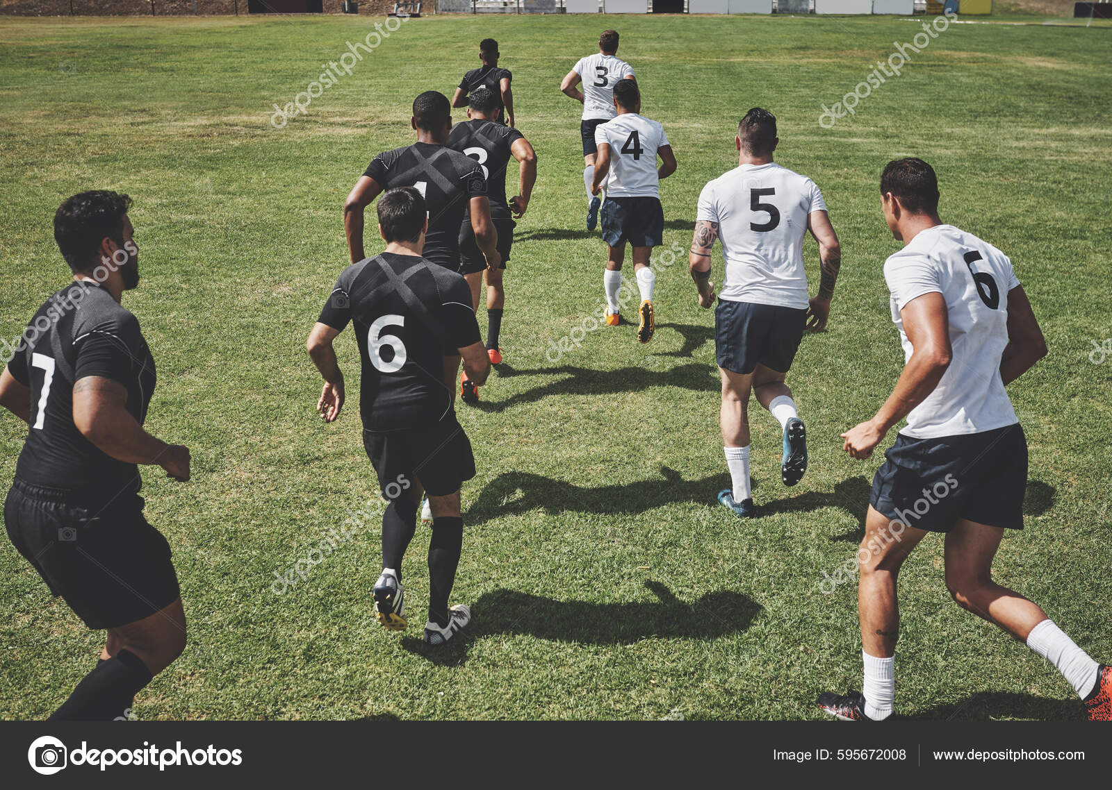 Who Win Time Two Focused Young Rugby Teams Jogging Field — Stock Photo ...