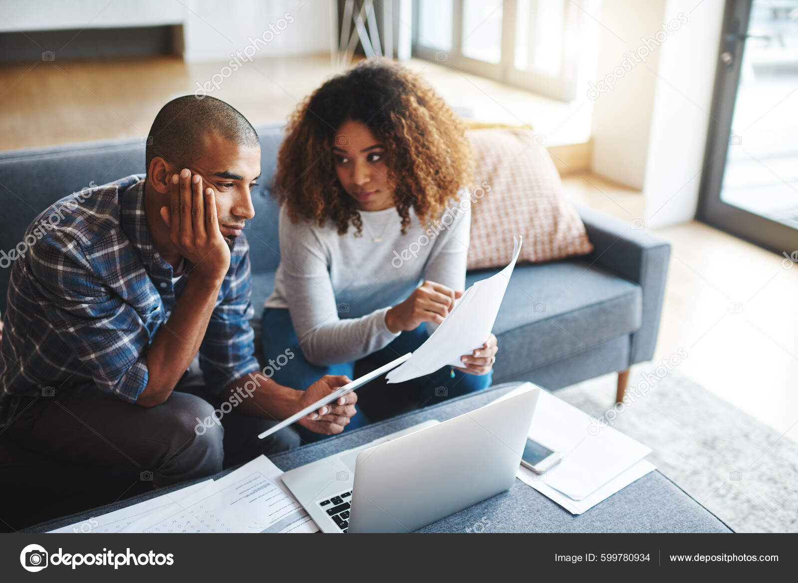 Did You Spend Stressed Young Couple Sitting Together Using Laptop Stock ...