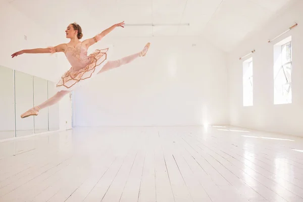 Ballet, dance and jumping in studio with classy performance and agility ...
