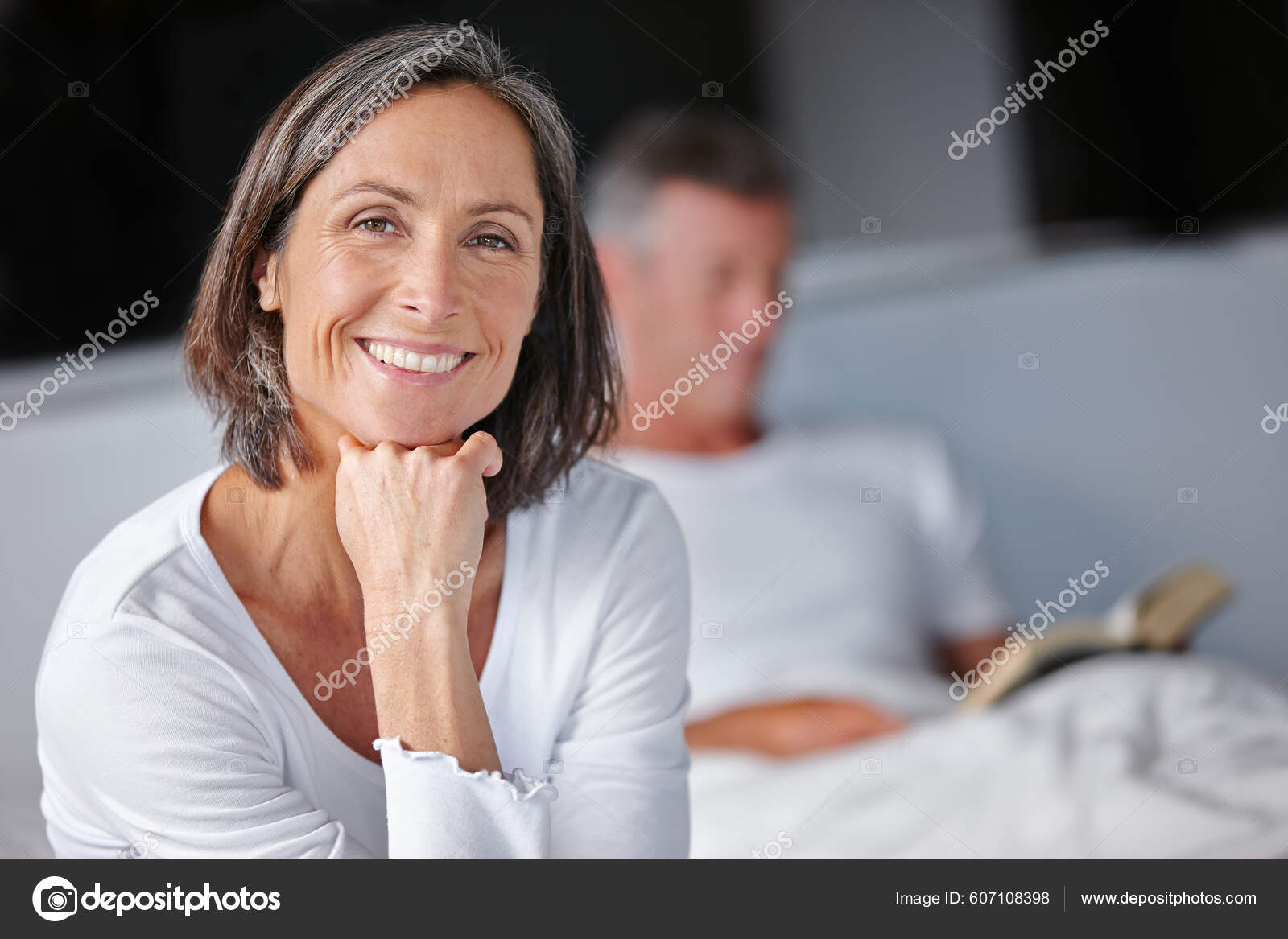 Feeling Refreshed Portrait Attractive Mature Woman Sitting Her Bed Her ...