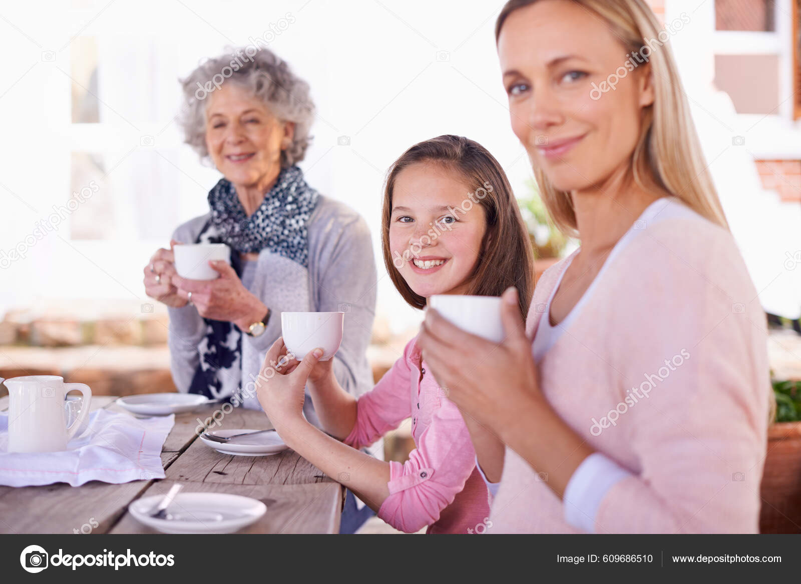 Happiness Cup Tea Three Generations Woman Women Family Having Tea ...