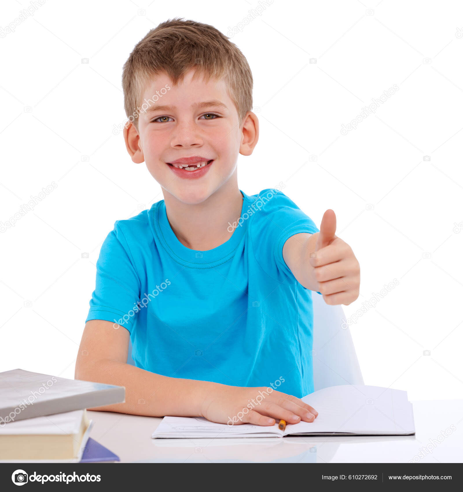 Studying Hard Portrait Young Boy Sitting His Homework Holding Thumbs ...