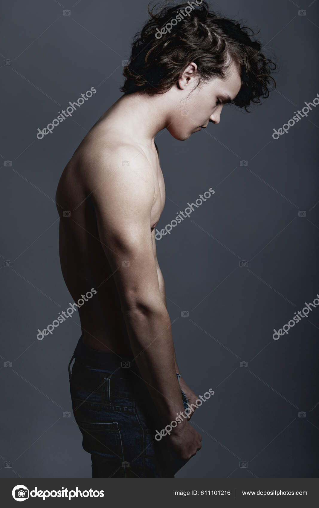 Profile Masculinity Studio Shot Handsome Young Man Posing Gray ...