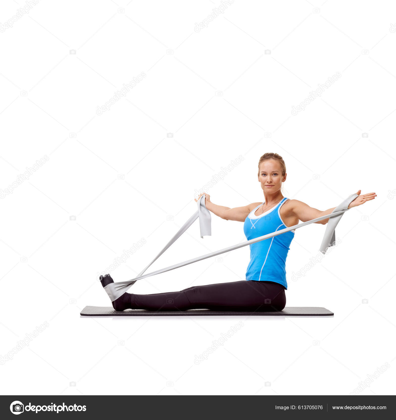 Resistance Bands Convenient Exercise Tools Young Woman Sitting Mat ...
