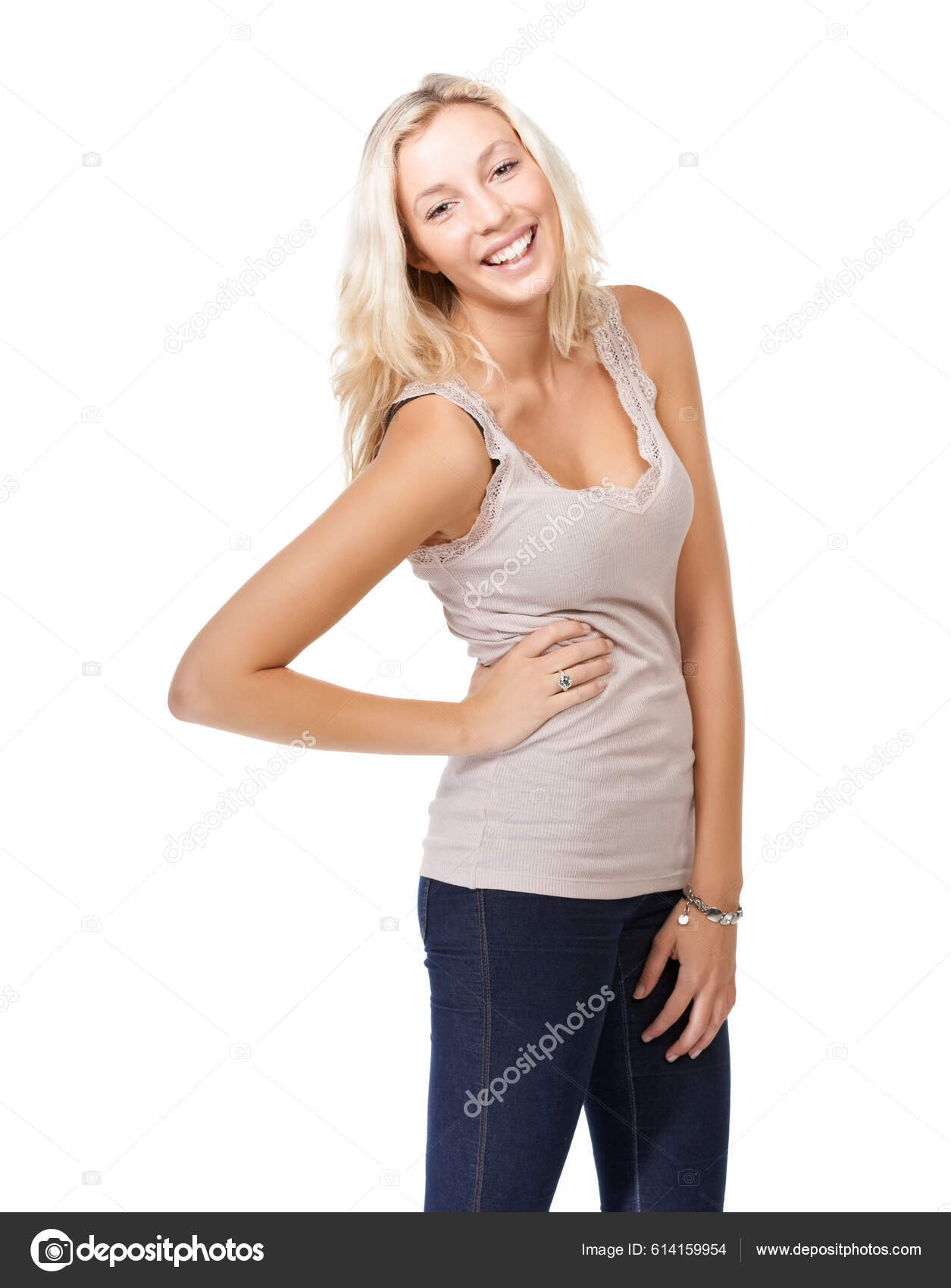 Feeling Good Looking Great Beautiful Young Woman Standing Her Hand ...