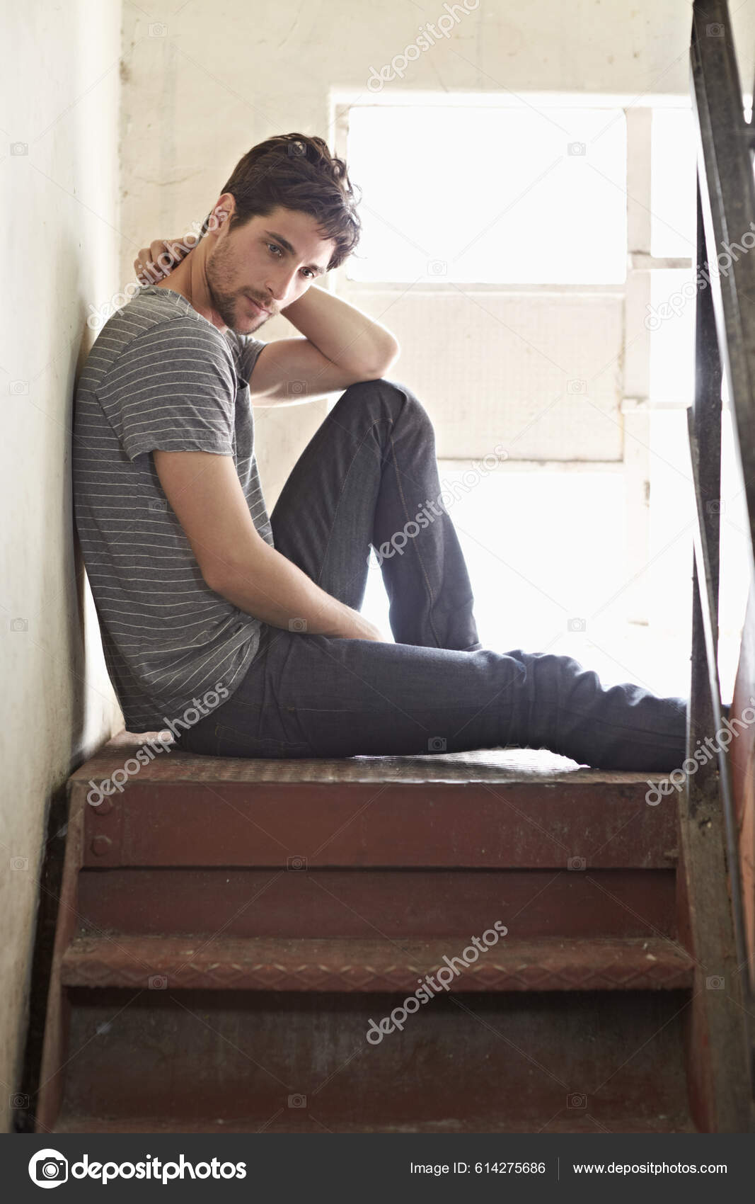 Taking Time Chill Young Man Sitting Contemplating His Future Stairwell ...