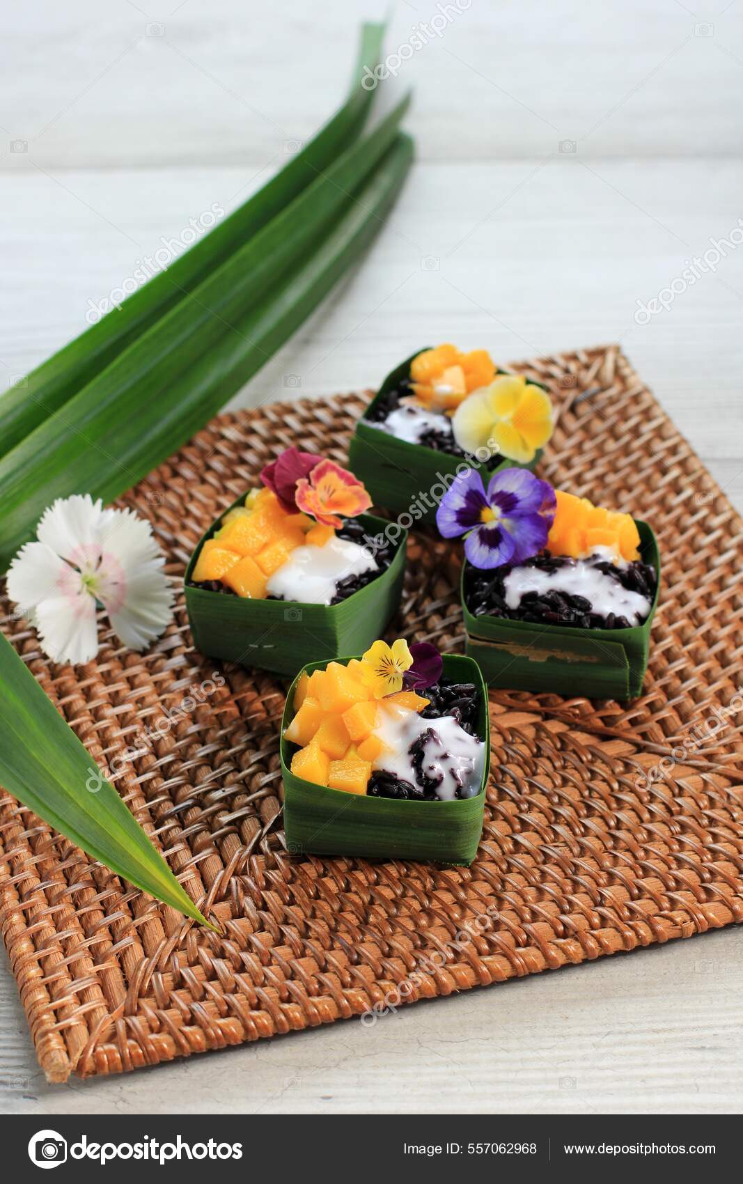 Homemade Coconut Black Sticky Rice Mango Pandan Leaves Cup Selective ...