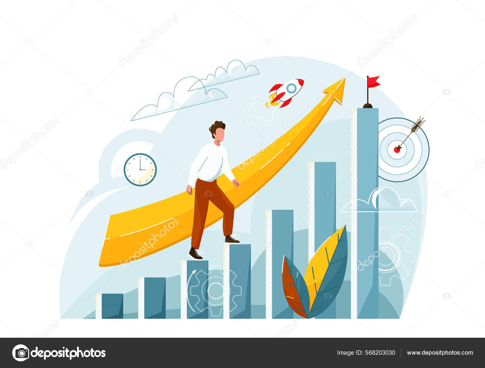 Business success progress vector background. Employee man climb to his ...