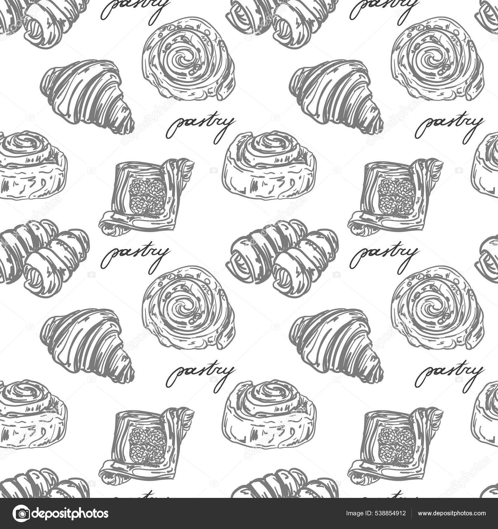 Hand Drawn Style Puff Pastry Elements Vector Pattern White Background ...