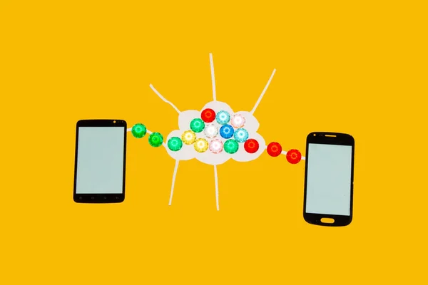 a cloud that collects and shares data, one phone adds data another ...