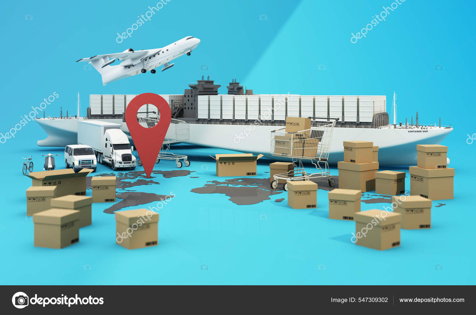 Earth World Map Surrounded Cardboard Boxes Cargo Container Ship Flying ...