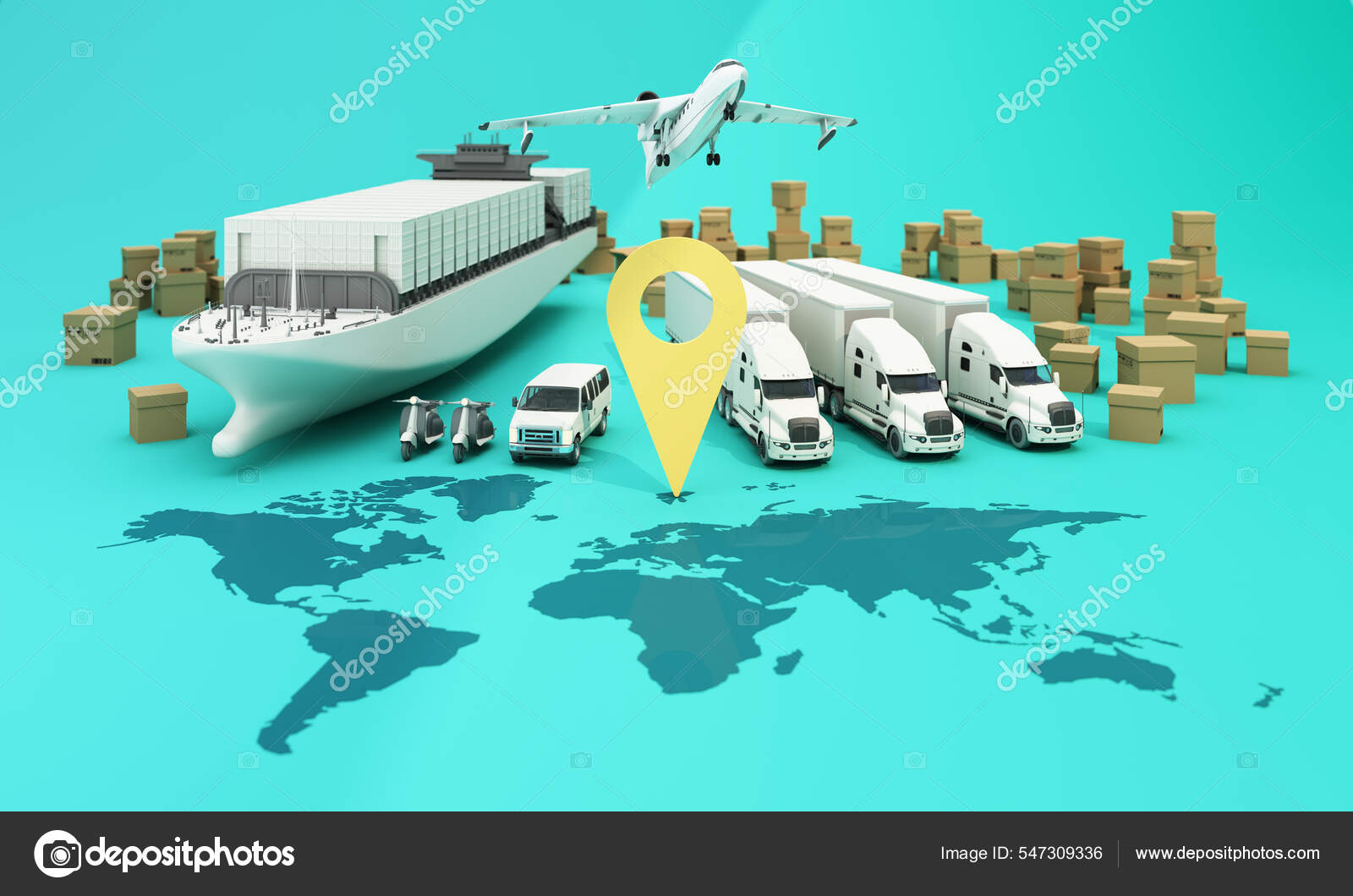 Earth World Map Surrounded Cardboard Boxes Cargo Container Ship Flying ...