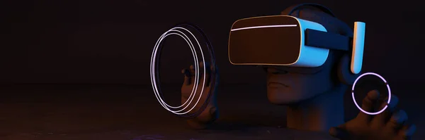 surrealistic scene of a abstract men figure with VR glasses in liquid ...