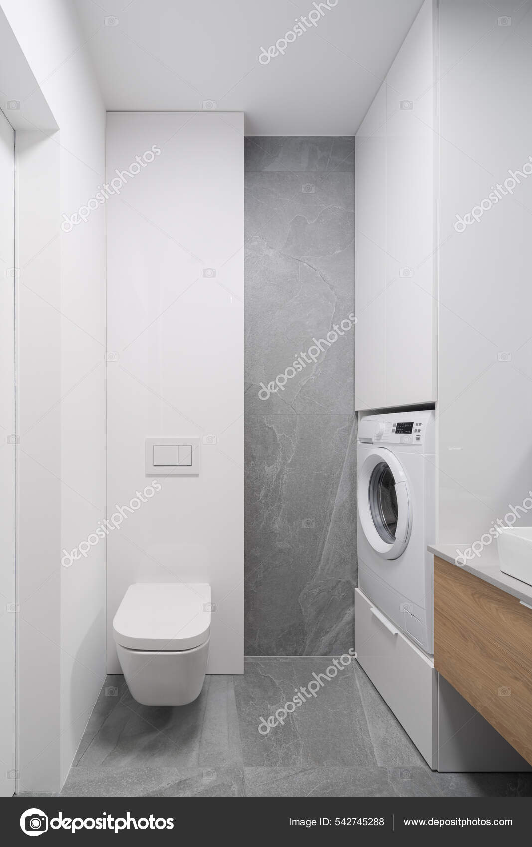 Simple Bathroom White Furniture Walls Washing Machine Toilet Gray Wall ...