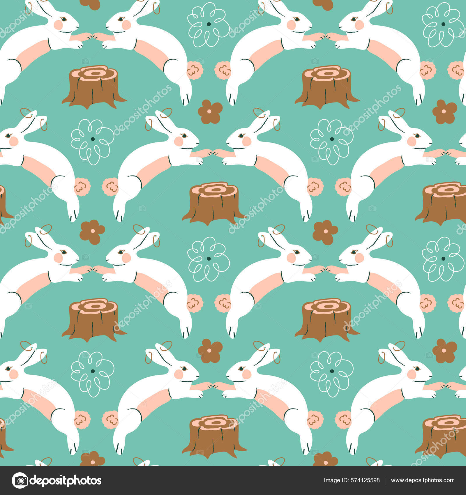 White Rabbits Jumping Tree Stump Vector Seamless Pattern Stock Vector ...