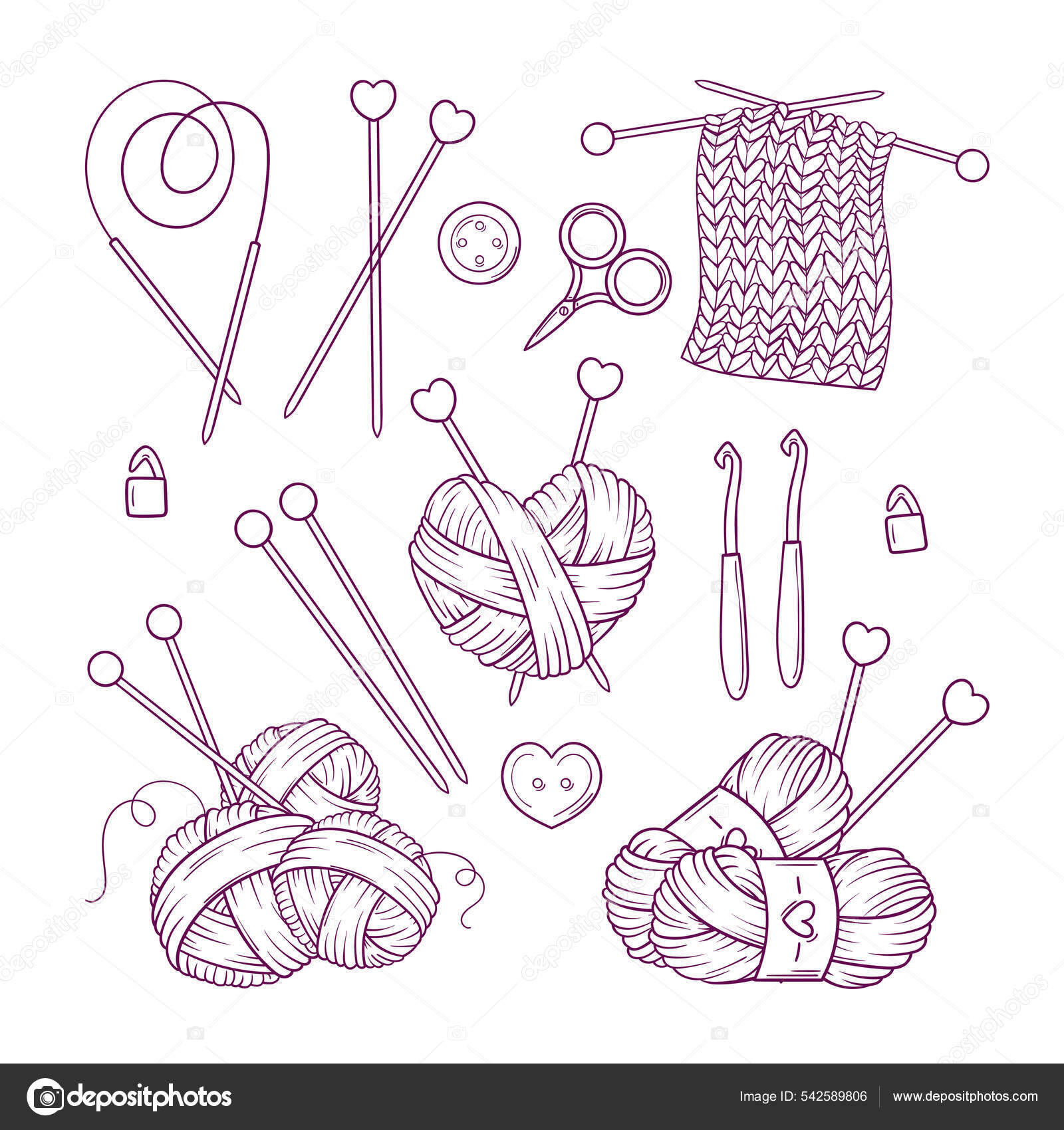 Hand made. Set of black and white elements for sewing, knitting and hand craft in doodle style ...