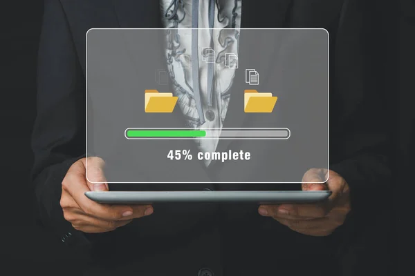 Transfer files data system relocation concept, Person hand using ...