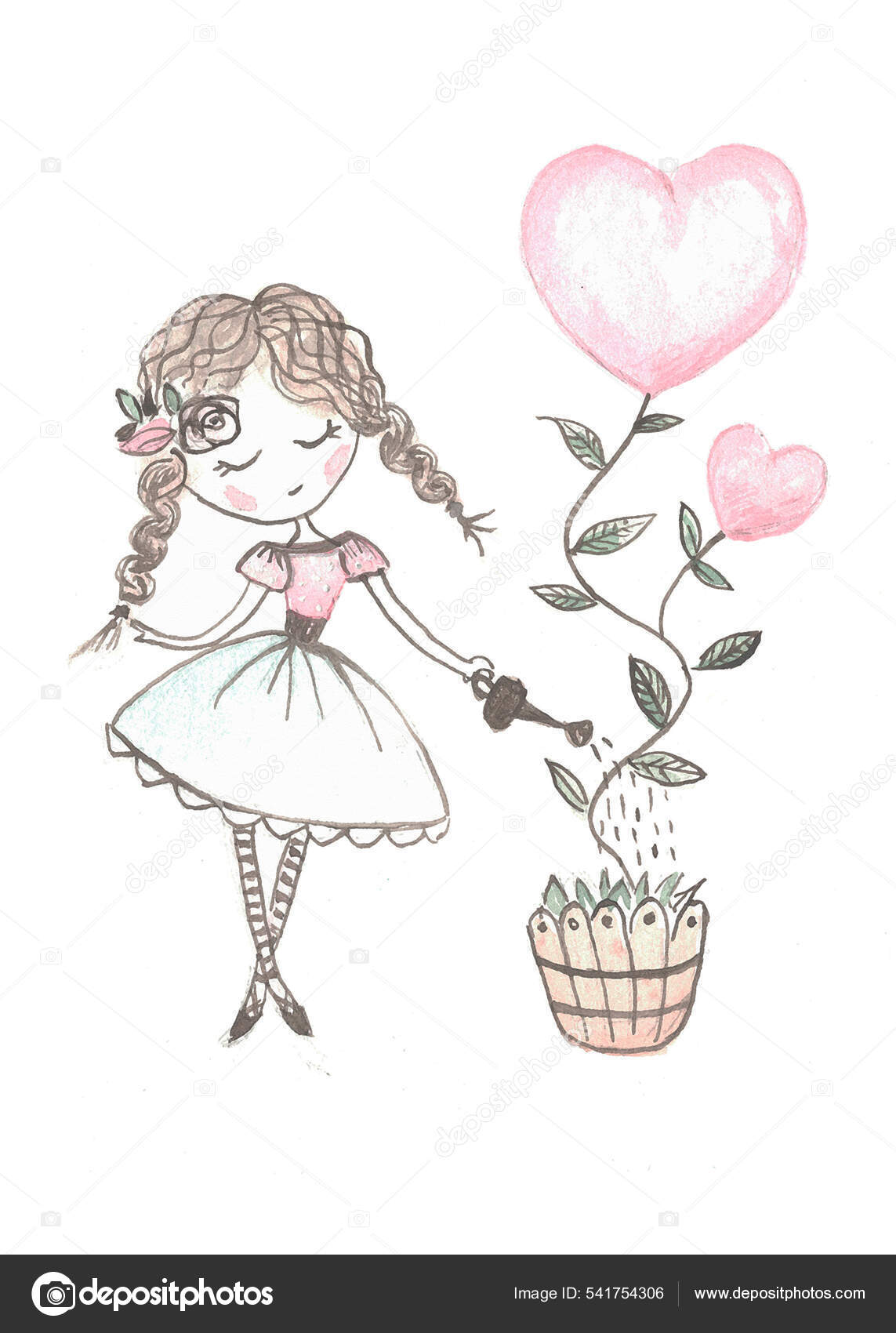 Little Girl Flowers Watercolor Illustration Stock Illustration by ...