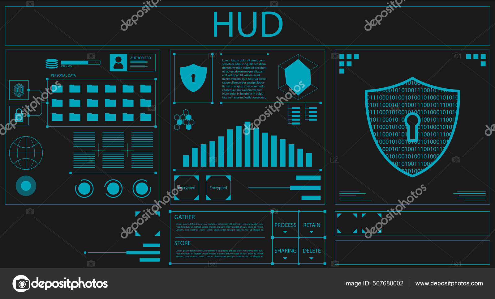Hud Data Protection Futuristic Blue Element Set Interface Abstract ...