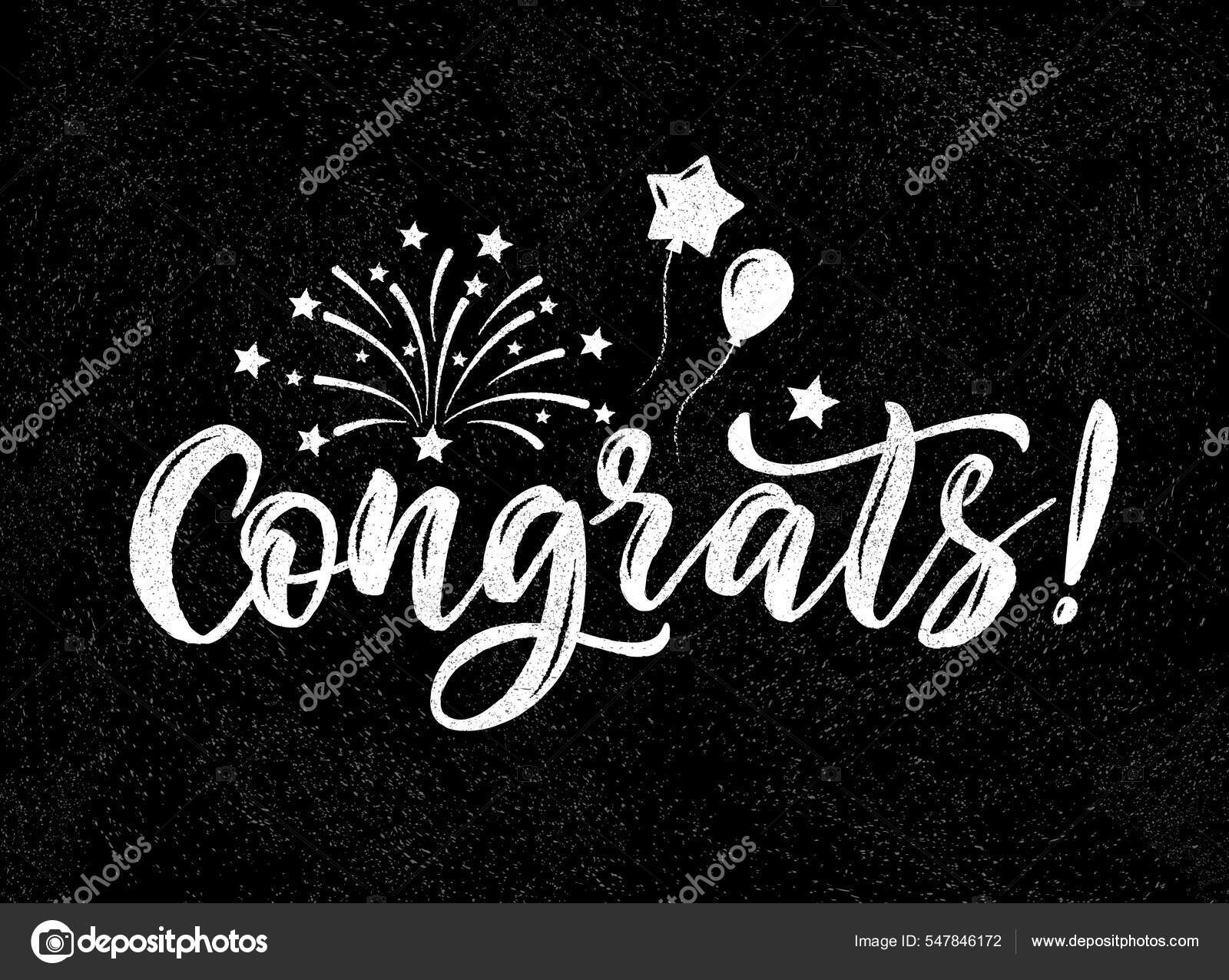 Congrats black and white lettering composition with fireworks, balloons ...