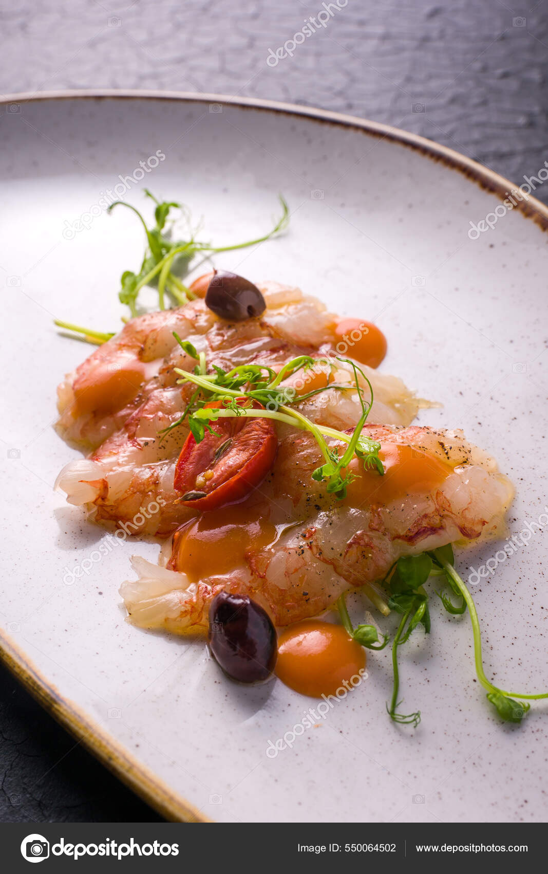 Dish Marinated Shrimp Tails Cherry Tomatoes Olives Mango Mousse Dark ...