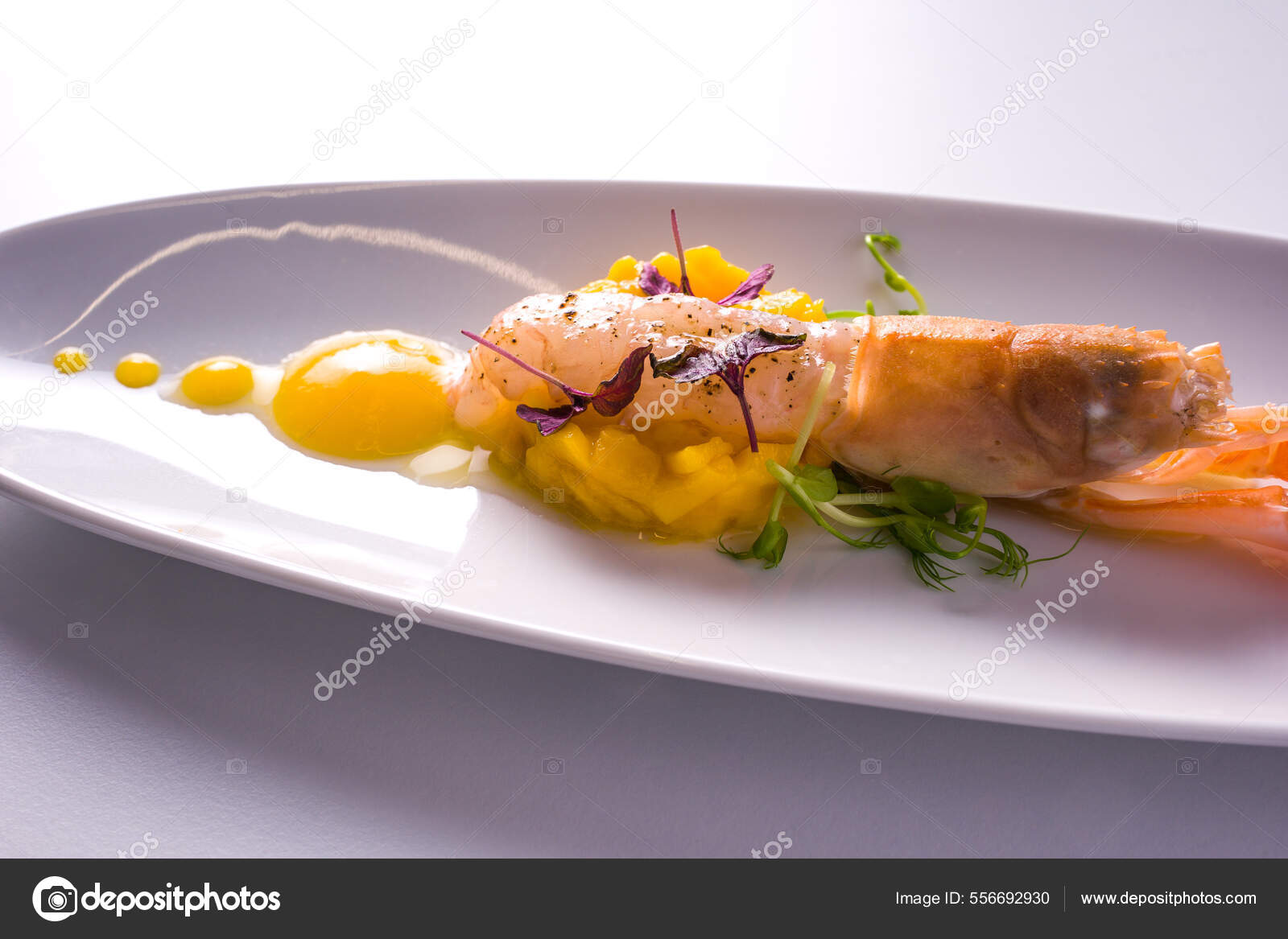 Dish Marinated Scampi Mango Mousse White Background Detail Stock Photo ...