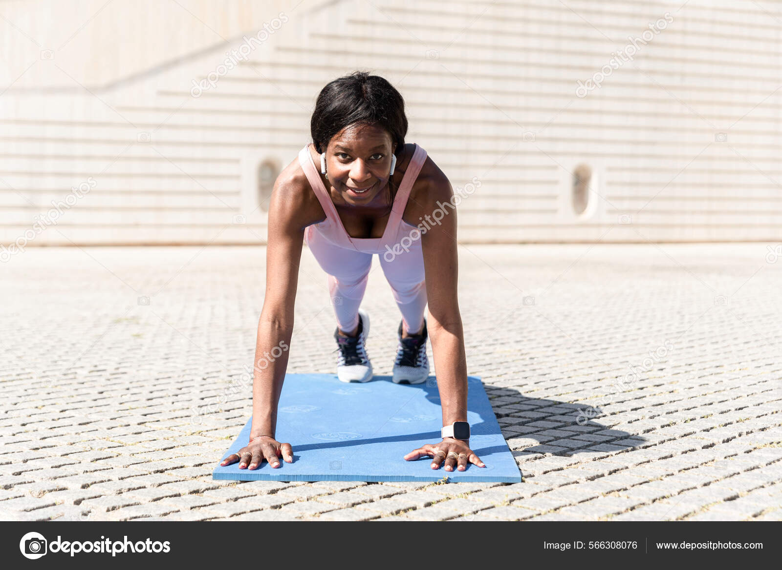 Front View African American Woman Training Outdoors Doing Perfect Plank ...
