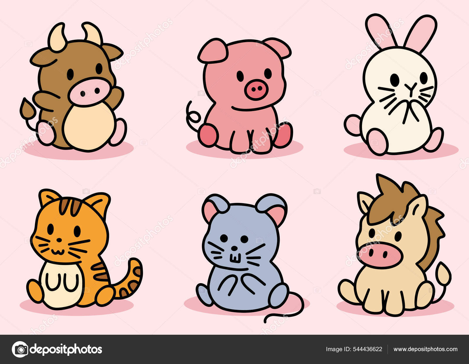 Cute Animal Set Cow Pig Rabbit Cat Mouse Horse Line Stock Vector Image ...