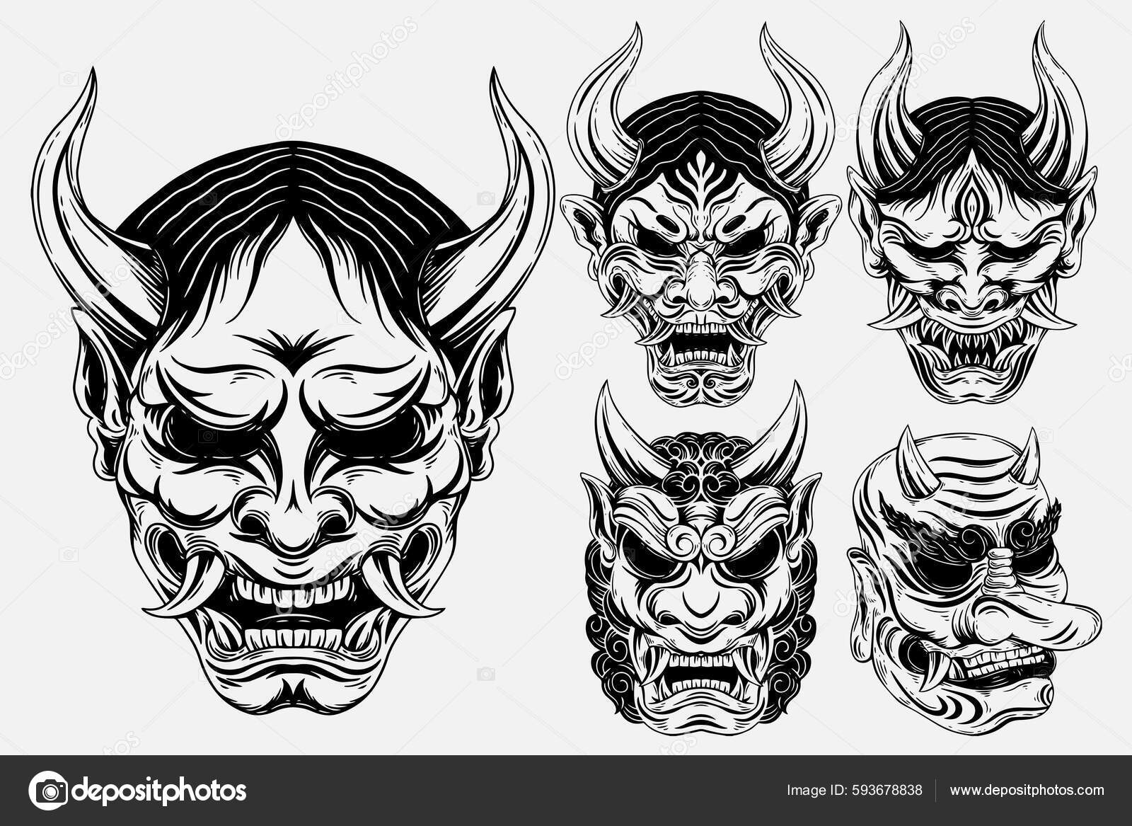 Set Bundle Dark Art Japanese Devil Oni Mask Tattoo Hand Vector de stock ... Set Bundle Dark Art Japanese Devil Oni Mask Tattoo Hand Vector de stock ...