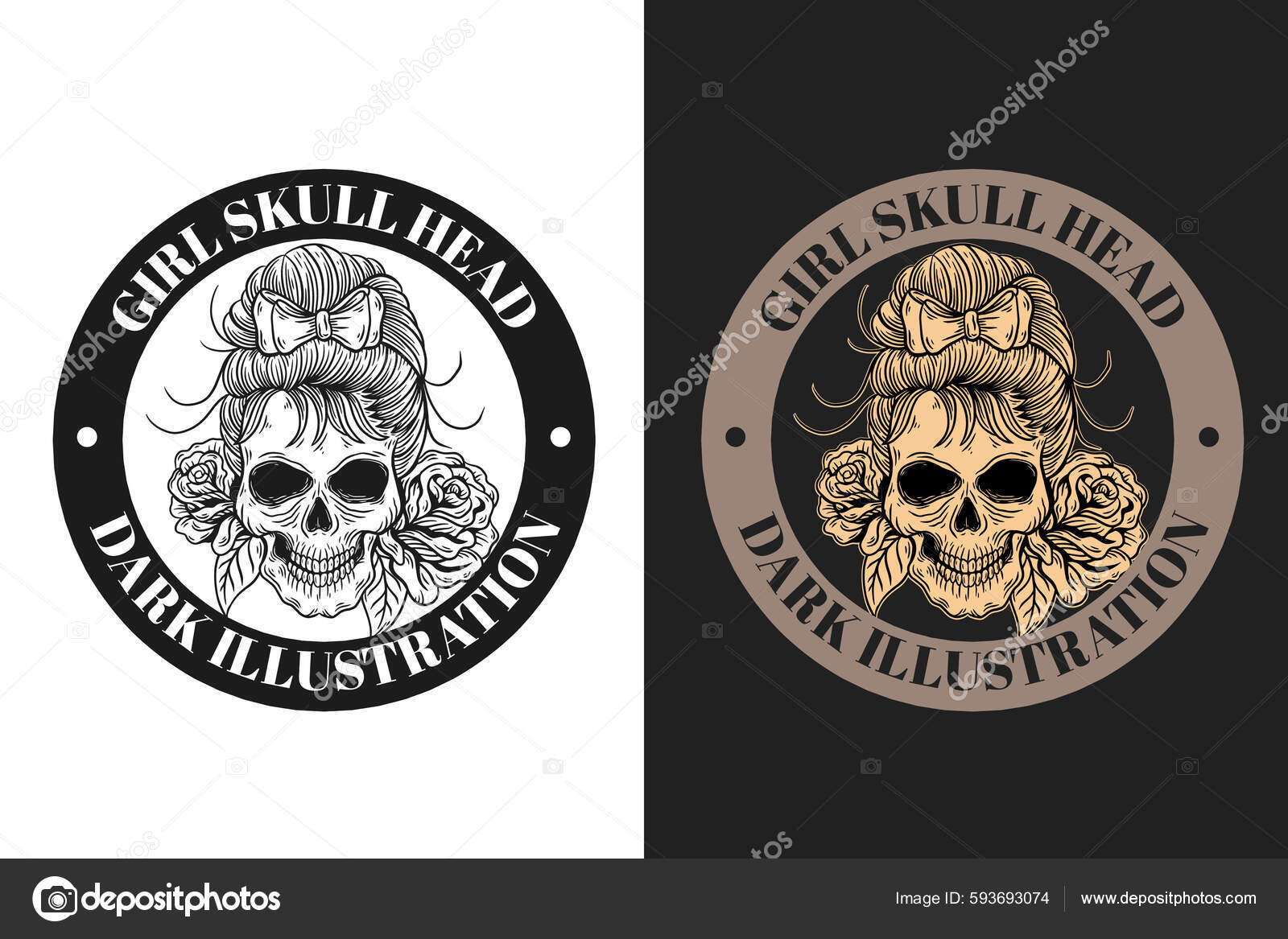 Set Girl Dark Illustration Skull Bones Head Hand Drawn Hatching Vector ...