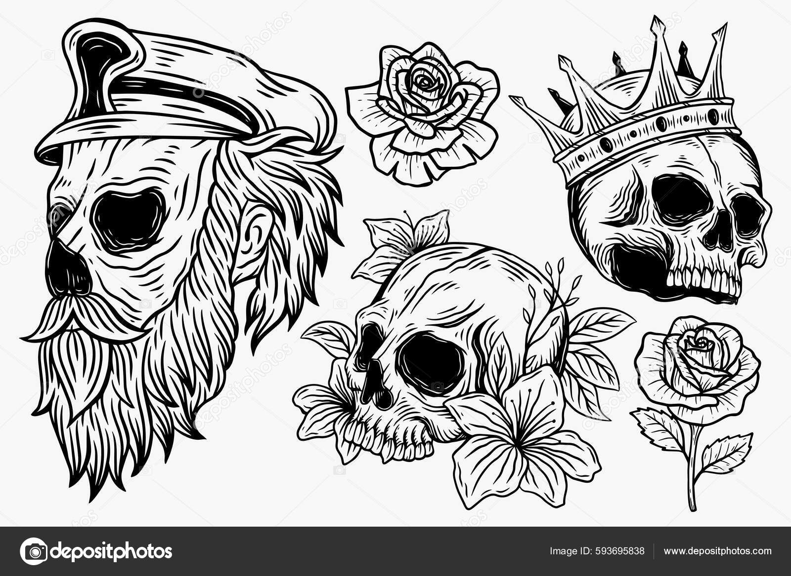Set Dark Illustration Skull Head Bones Hand Drawn Hatching Outline ...