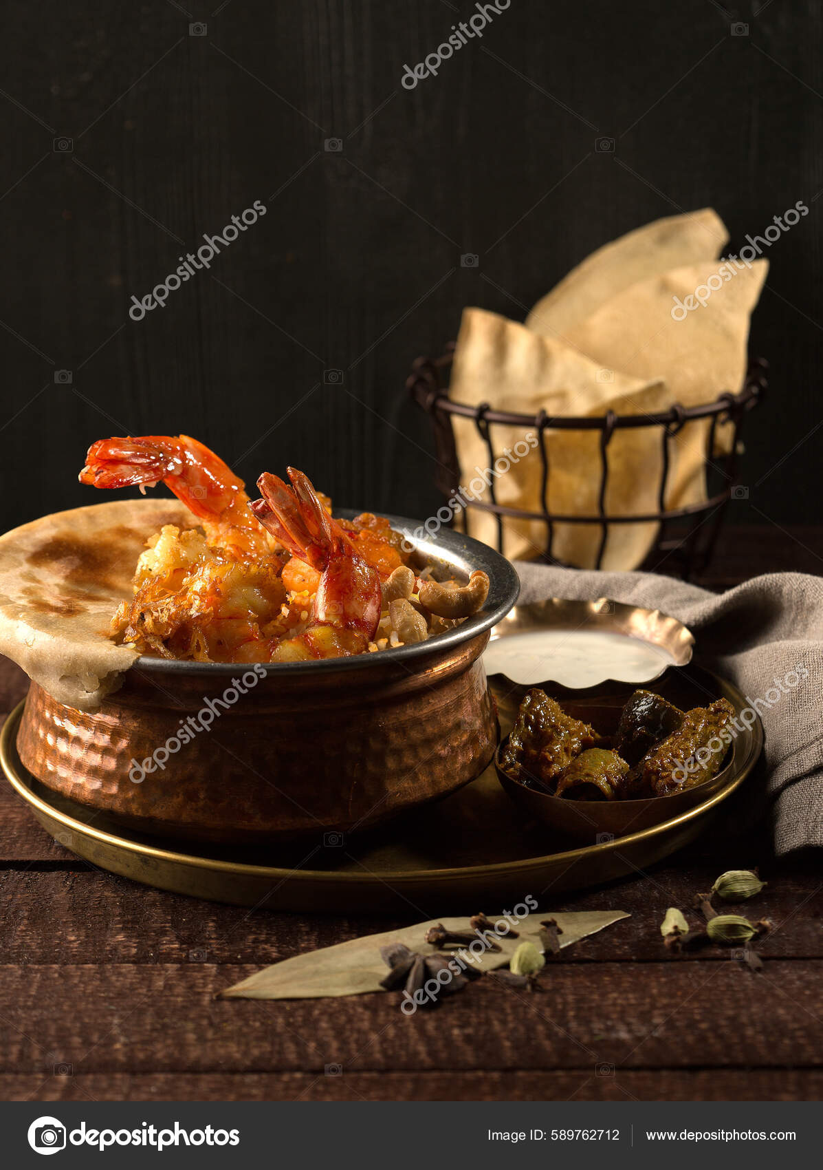 Prawn Biryani Pickle Served Dish Isolated Dark Background Side View ...