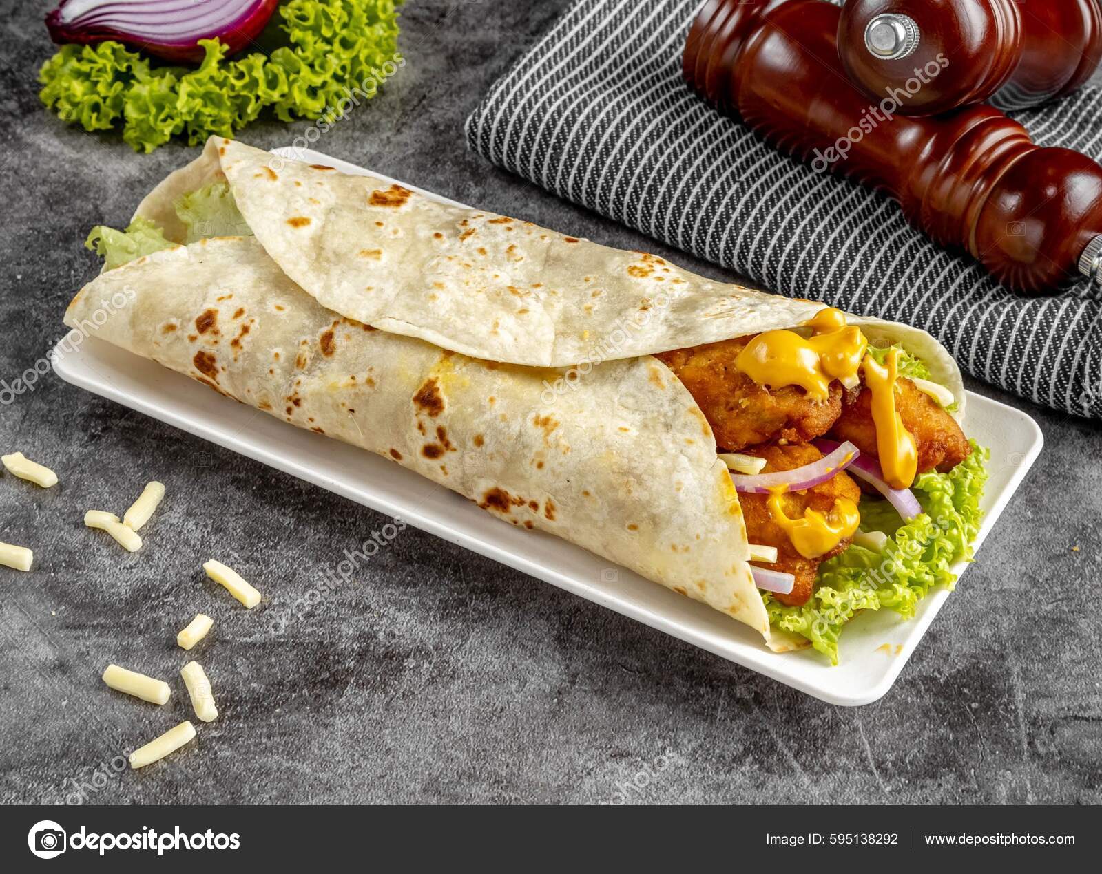 Cheesy Chicken Shawarma Wrap Served Cutting Board Grey Background Side ...