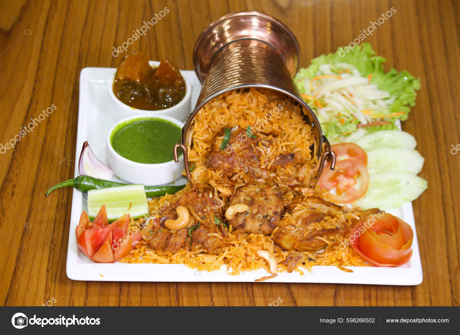 Chicken Biryani Salad Raita Mint Chutney Pickle Served Bucket Isolated ...